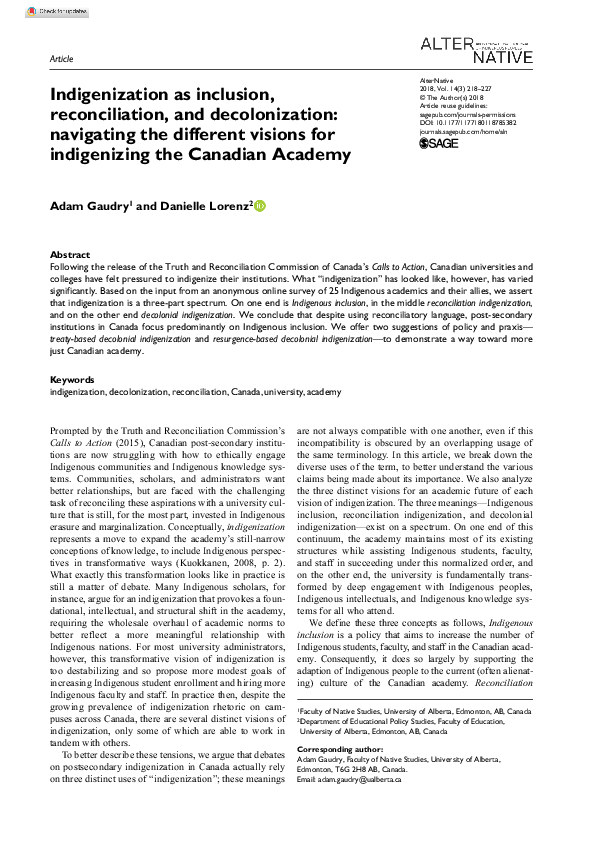 (PDF) Indigenization as inclusion, reconciliation, and decolonization ...