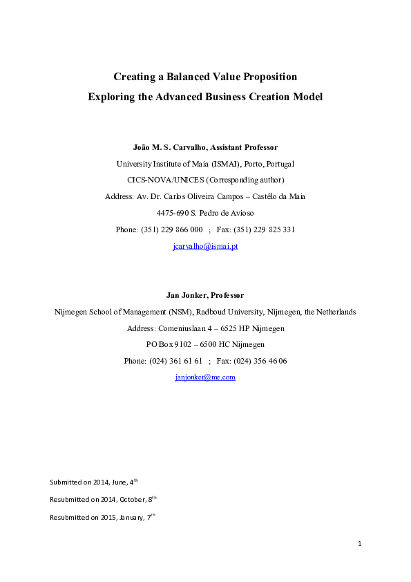 (PDF) Creating a Balanced Value Proposition: Exploring the Advanced Business Creation Model