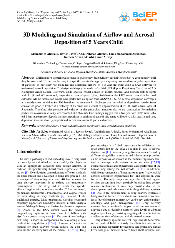 (PDF) 3D Modeling and Simulation of Airflow and Aerosol Deposition of 5 Years Child