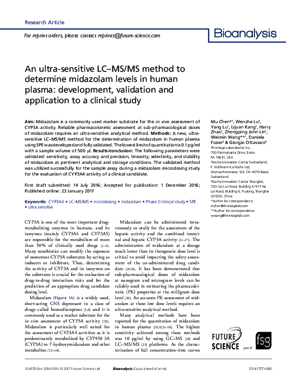 (PDF) An ultra-sensitive LC-MS/MS method to determine midazolam levels in human plasma ...