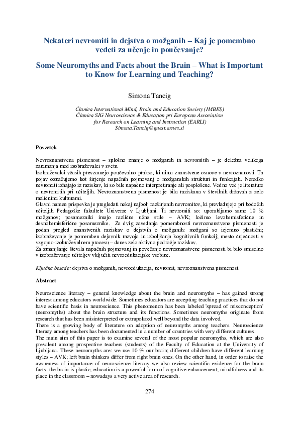 (PDF) Some neuromyths and facts about the brain - What is important to ...