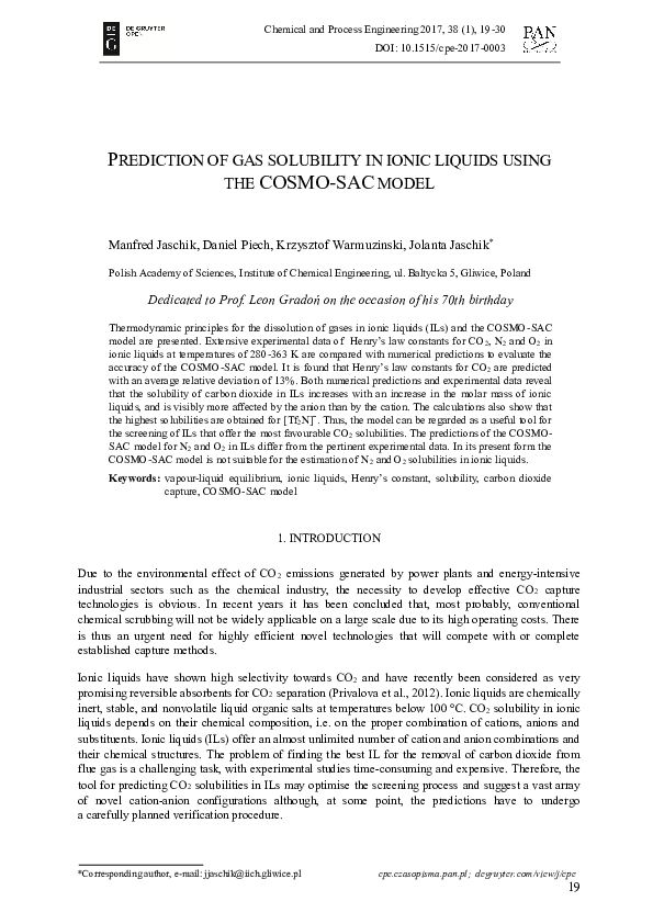 Pdf Prediction Of Gas Solubility In Ionic Liquids Using The Cosmo Sac Model