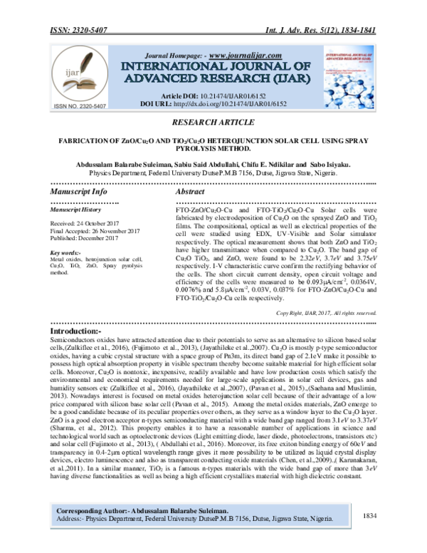 (PDF) Fabrication of ZNO/CU2O and TIO2/CU2O Heterojunction Solar Cell ...