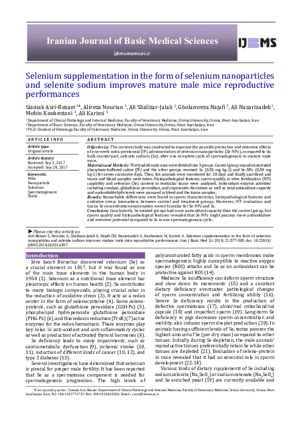Pdf Selenium Supplementation In The Form Of Selenium Nanoparticles