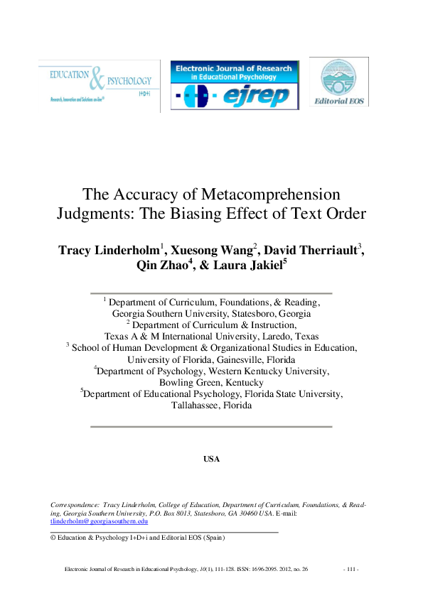 Pdf The Accuracy Of Metacomprehension Judgments The Biasing Effect Of Text Order Qin Zhao