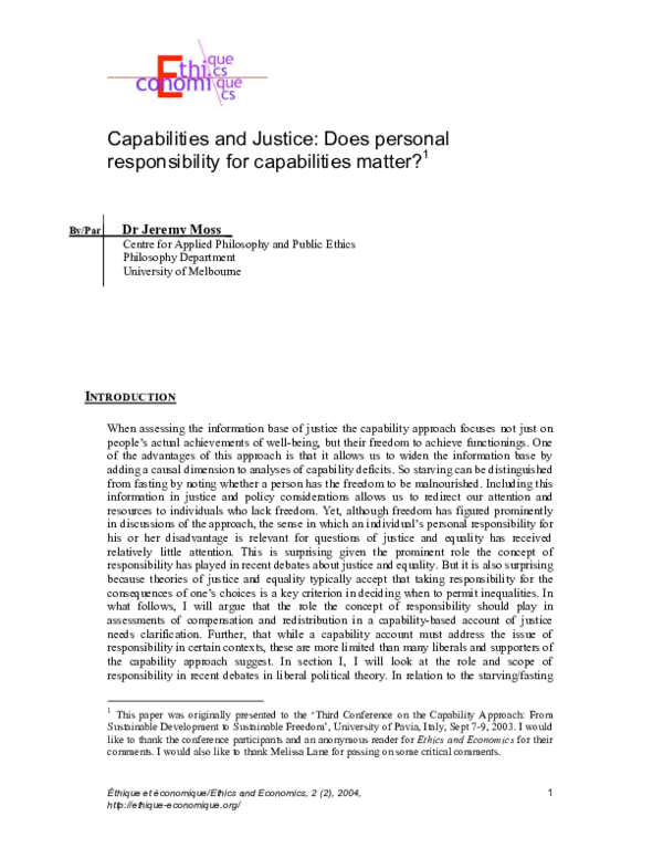 (PDF) Capabilities and Justice: Does Personal Responsibility for ...