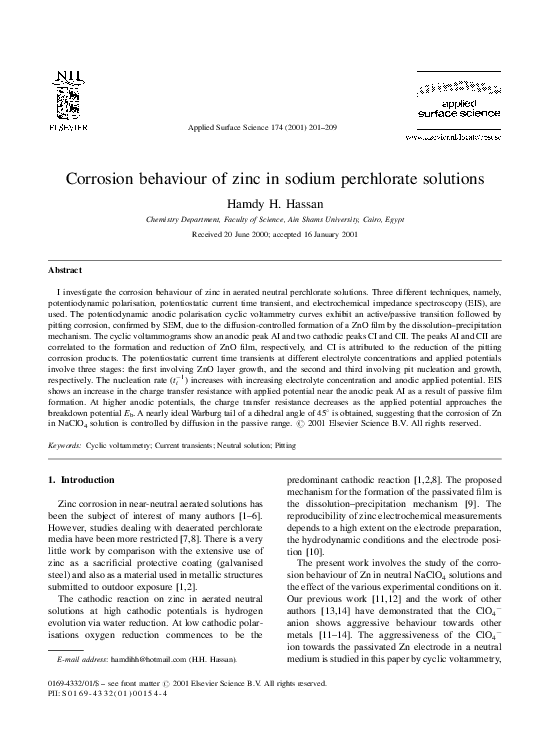(PDF) Corrosion behaviour of zinc in sodium perchlorate solutions