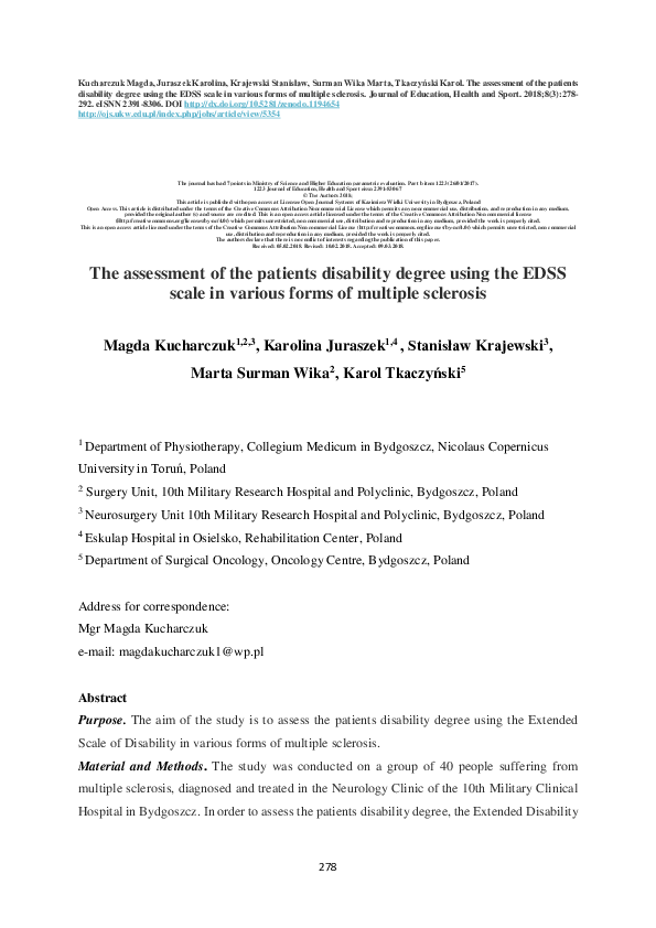 (PDF) The Assessment Of The Patients Disability Degree Using The Edss ...