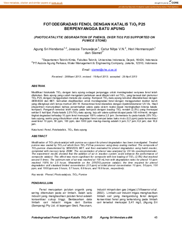 (PDF) Fotodegradasi Fenol Dengan Katalis TiO2 P25 Berpenyangga Batu Apung