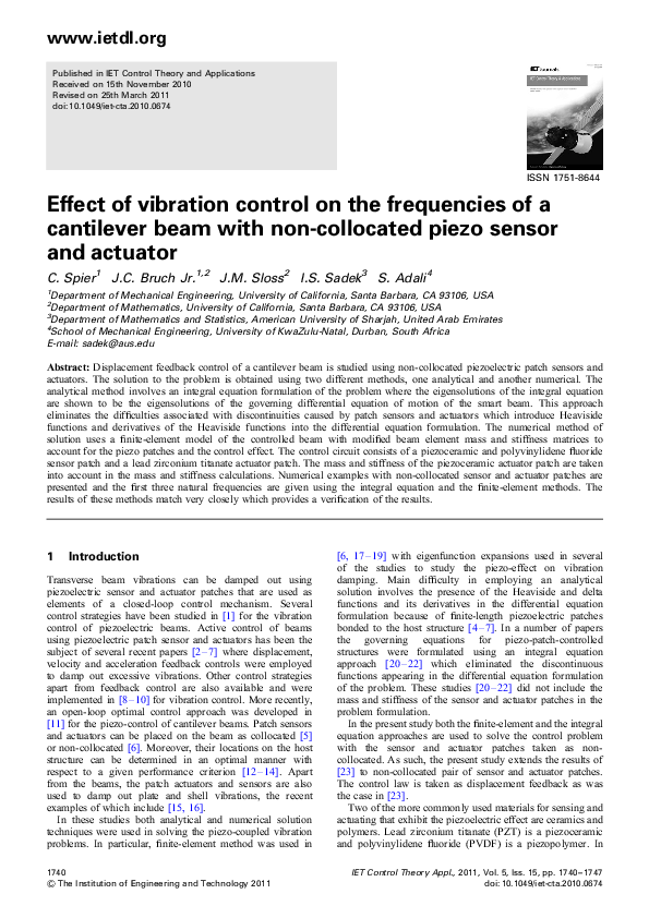 Pdf Effect Of Vibration Control On The Frequencies Of A Cantilever Beam With Non Collocated
