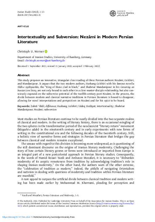 (PDF) Intertextuality and Subversion: Nezāmi in Modern Persian Literature