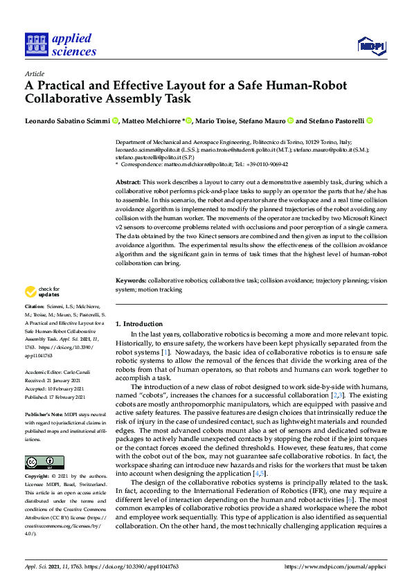Pdf A Practical And Effective Layout For A Safe Human Robot Collaborative Assembly Task