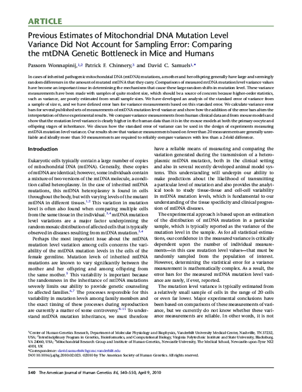 (PDF) Previous Estimates of Mitochondrial DNA Mutation Level Variance ...