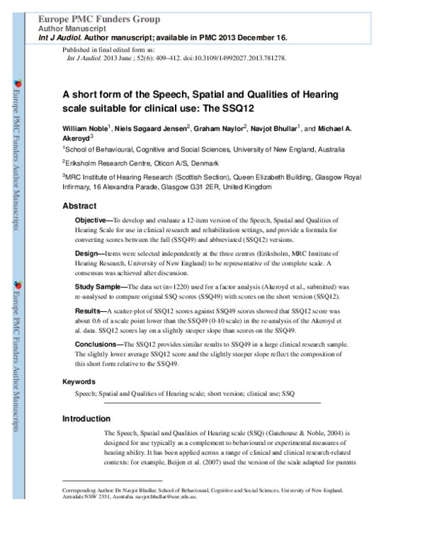 (PDF) A short form of the Speech, Spatial and Qualities of Hearing ...