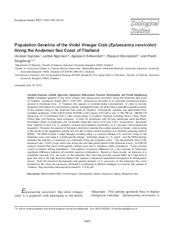 (PDF) Population Genetics of the Violet Vinegar Crab (Episesarma ...
