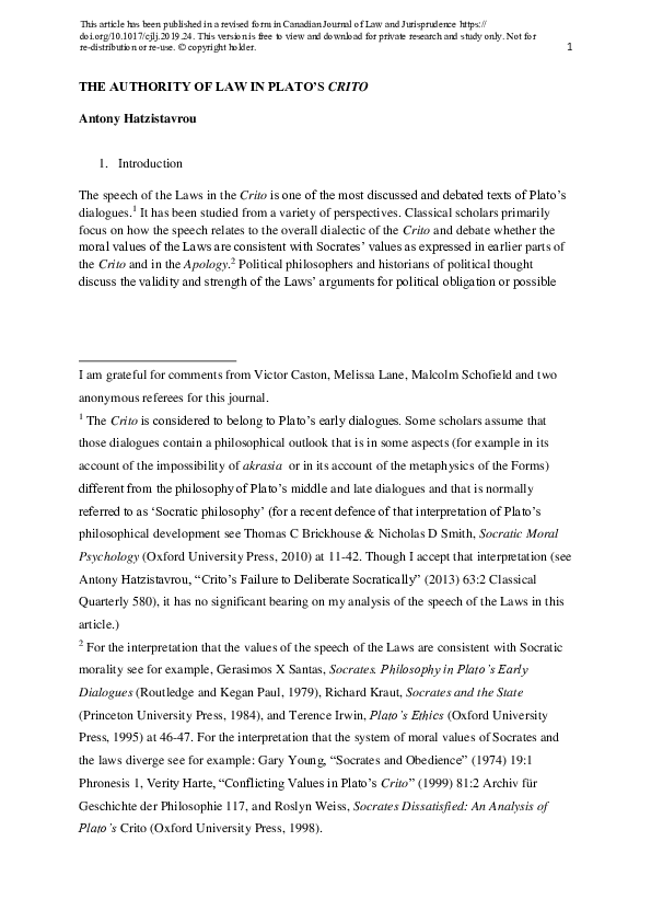 (PDF) The Authority of Law in Plato’s Crito