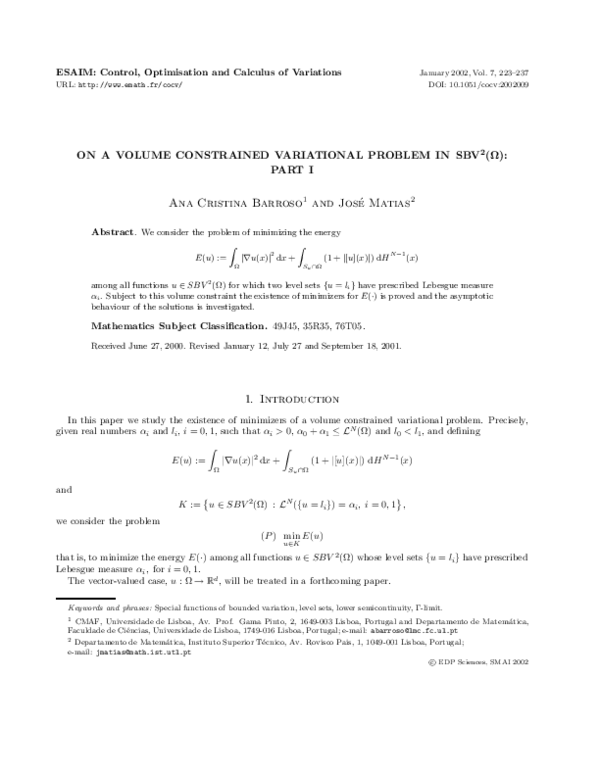 (PDF) Minimizers in Volume Constrained SBV² Problems