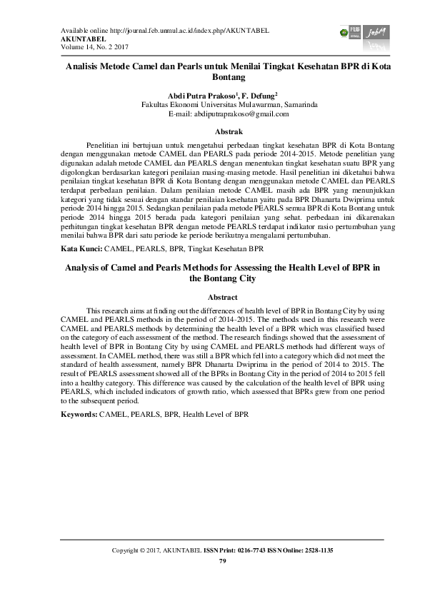 (PDF) Analisis Metode Camel dan Pearls untuk Menilai Tingkat Kesehatan BPR di Kota Bontang