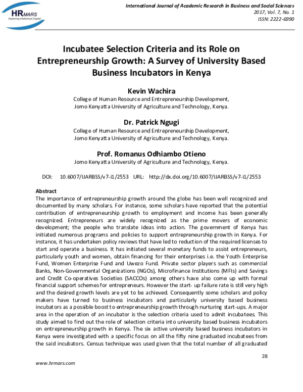 (PDF) Incubatee Selection Criteria and its Role on Entrepreneurship ...