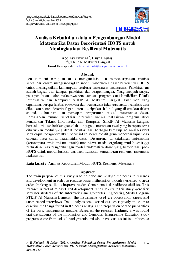 (PDF) Analisis Kebutuhan dalam Pengembangan Modul Matematika Dasar Berorientasi HOTS untuk ...