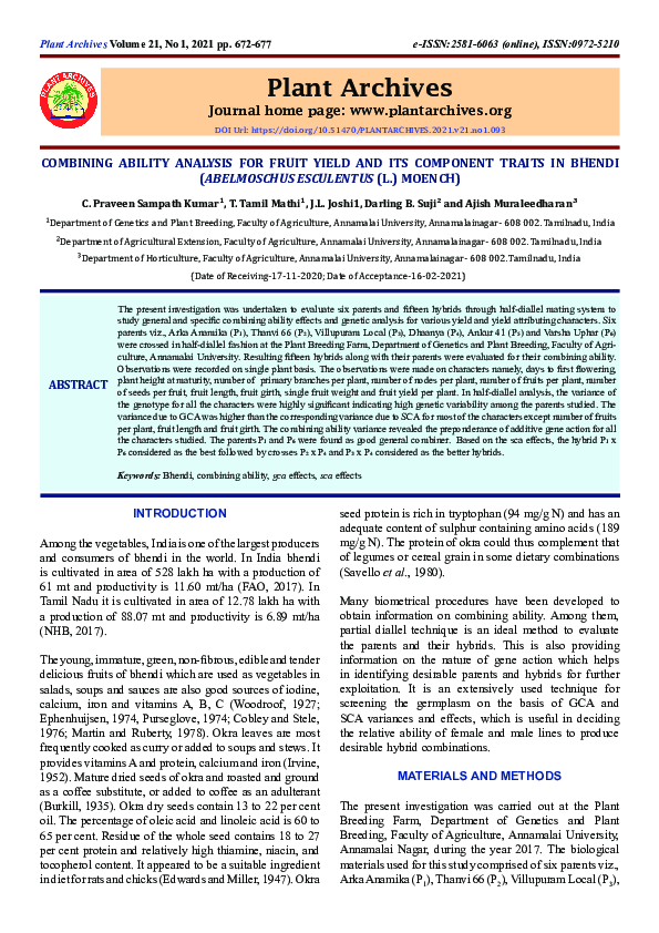 Pdf Combining Ability Analysis For Fruit Yield And Its Component