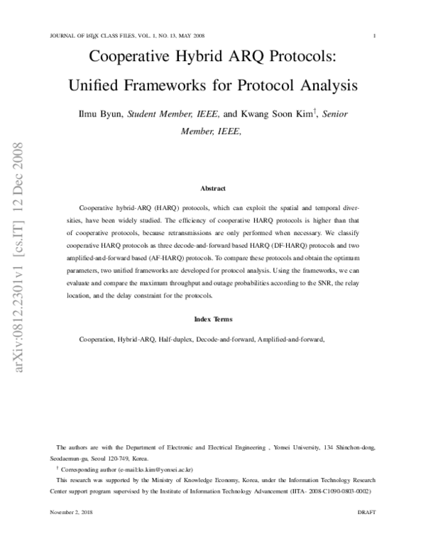 Pdf Cooperative Hybrid Arq Protocols Unified Frameworks For Protocol Analysis Ilmu Byun