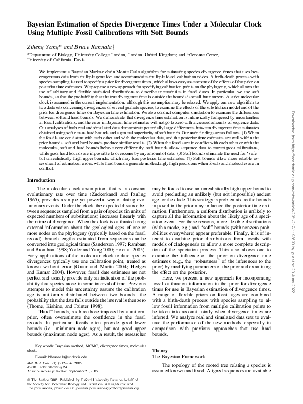 Pdf Bayesian Estimation Of Species Divergence Times Under A Molecular Clock Using Multiple