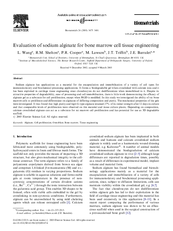 (PDF) Evaluation of sodium alginate for bone marrow cell tissue engineering