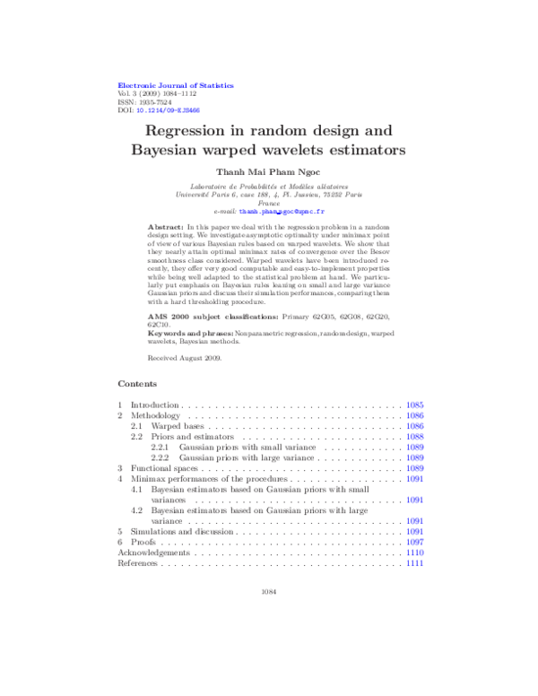 (PDF) Regression in random design and Bayesian warped wavelets estimators