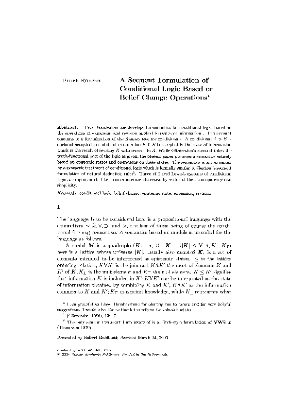 (PDF) A Sequent Formulation of Conditional Logic Based on Belief Change Operations