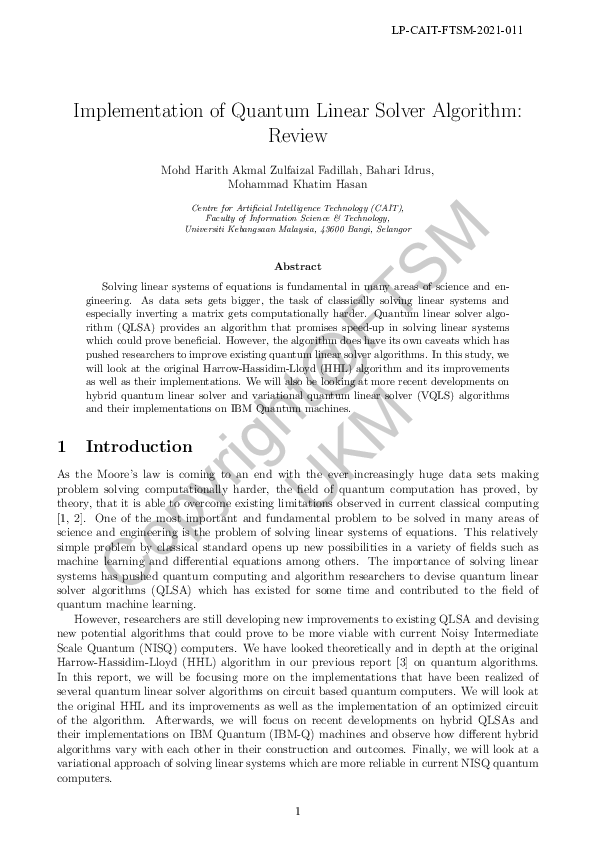 Pdf Implementation Of Quantum Linear Solver Algorithm Review