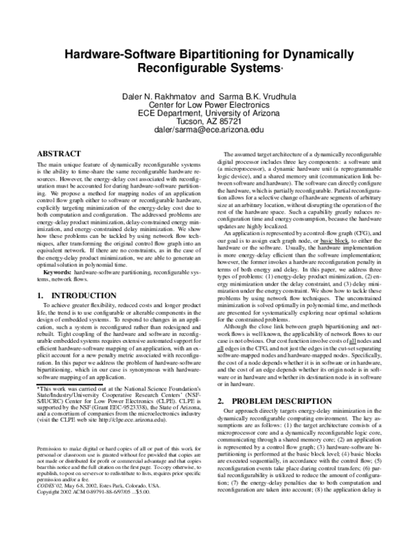 Pdf Hardware Software Bipartitioning For Dynamically Reconfigurable Systems Sarma Vrudhula