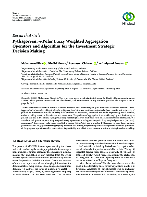 (PDF) Pythagoreanm-Polar Fuzzy Weighted Aggregation Operators and Algorithm for the Investment ...