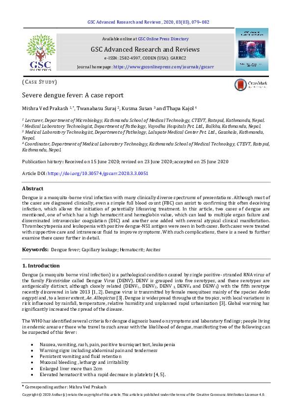 (PDF) Severe dengue fever: A case report | Ved Prakash Mishra ...