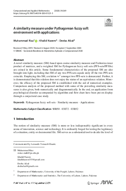 (PDF) A similarity measure under Pythagorean fuzzy soft environment with applications