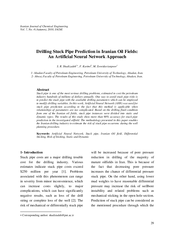(PDF) Drilling Stuck Pipe Prediction in Iranian Oil Fields: An Artificial Neural Network Approach