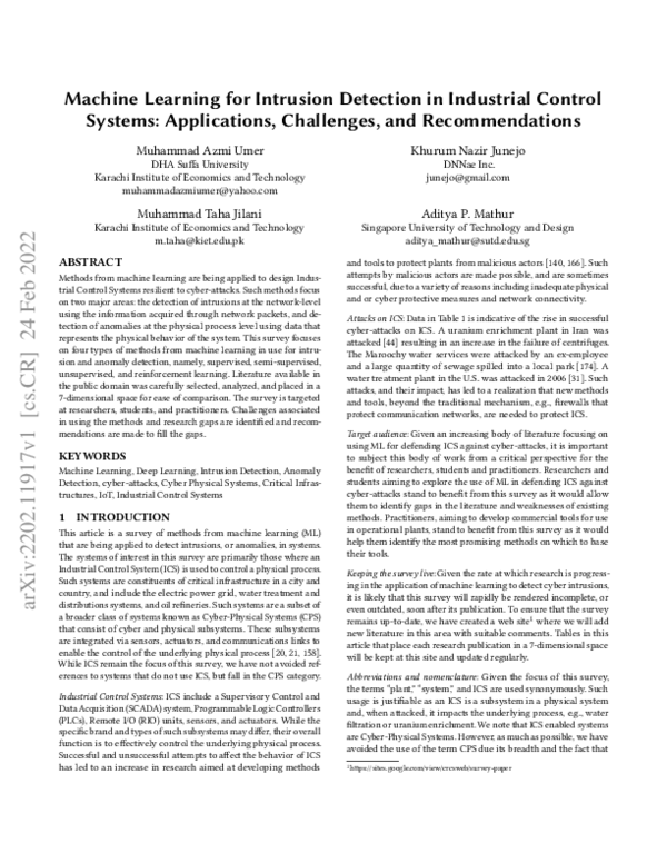 Pdf Machine Learning For Intrusion Detection In Industrial Control Systems Applications