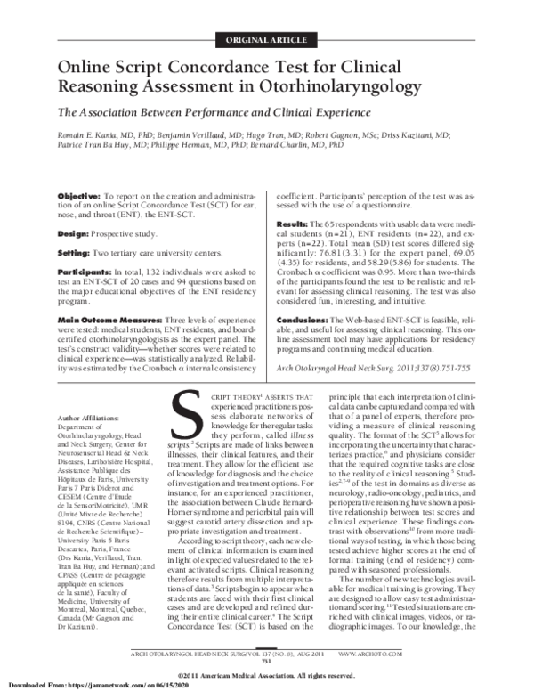 Pdf Online Script Concordance Test For Clinical Reasoning Assessment In Otorhinolaryngology