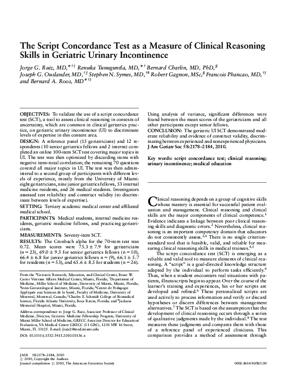 Pdf The Script Concordance Test As A Measure Of Clinical Reasoning Skills In Geriatric Urinary