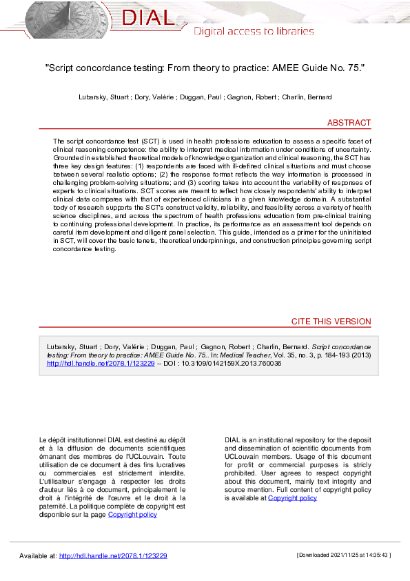 (PDF) Script concordance testing: From theory to practice: AMEE Guide ...