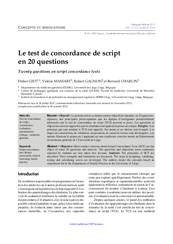 (PDF) Le test de concordance de script en 20 questions