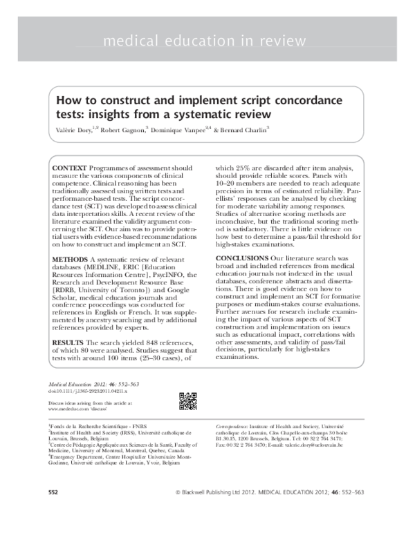 Pdf How To Construct And Implement Script Concordance Tests Insights From A Systematic Review