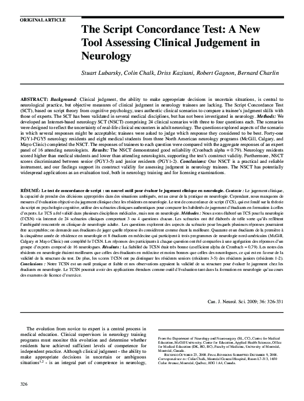 Pdf The Script Concordance Test A New Tool Assessing Clinical Judgement In Neurology