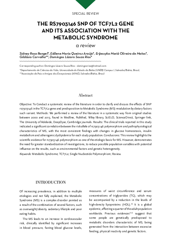 (PDF) THE rs7903146 SNP Of TCF7L2 GENE AND ITS ASSOCIATION WITH THE ...