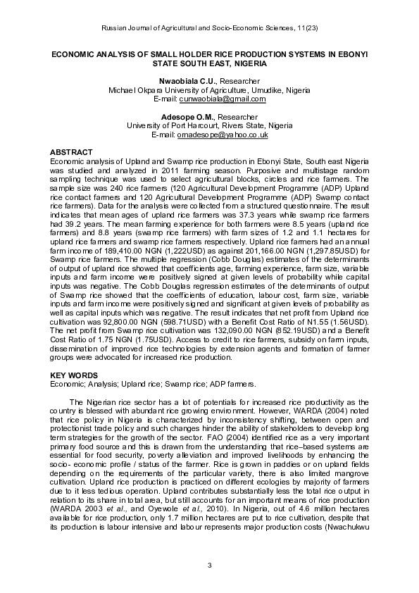 (PDF) Economic Analysis of Small Holder Rice Production Systems in ...