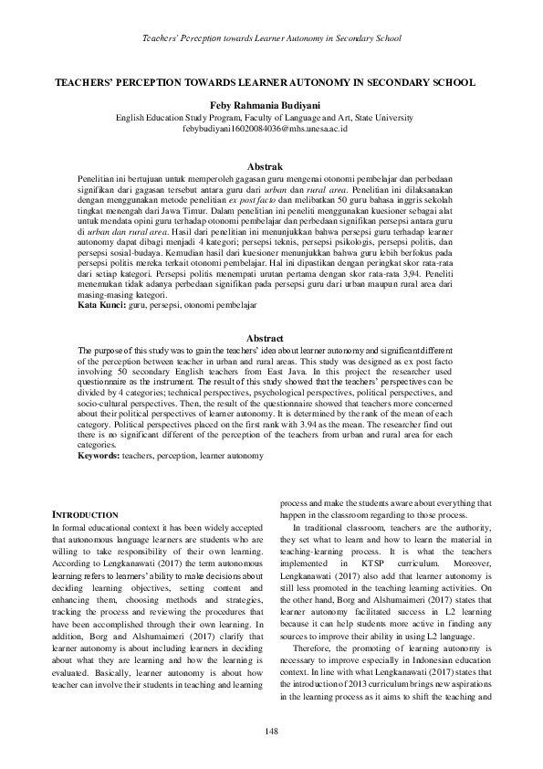 (PDF) Teachers' Perception towards Learner Autonomy in Secondary School