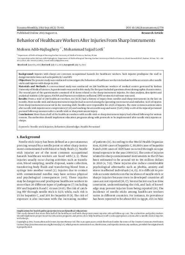 (PDF) Behavior of Healthcare Workers After Injuries From Sharp Instruments