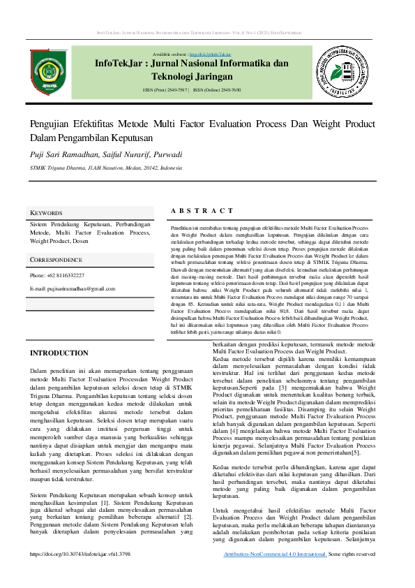 (PDF) Pengujian Efektifitas Metode Multi Factor Evaluation Process dan ...