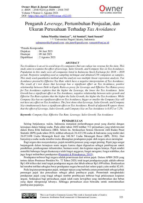 (PDF) Pengaruh Leverage, Pertumbuhan Penjualan, dan Ukuran Perusahaan Terhadap Tax Avoidance