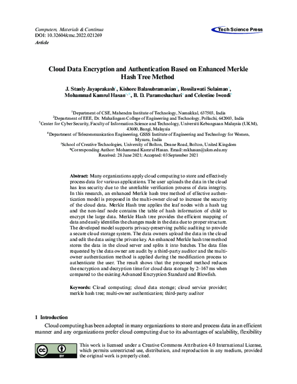 Pdf Cloud Data Encryption And Authentication Based On Enhanced Merkle Hash Tree Method